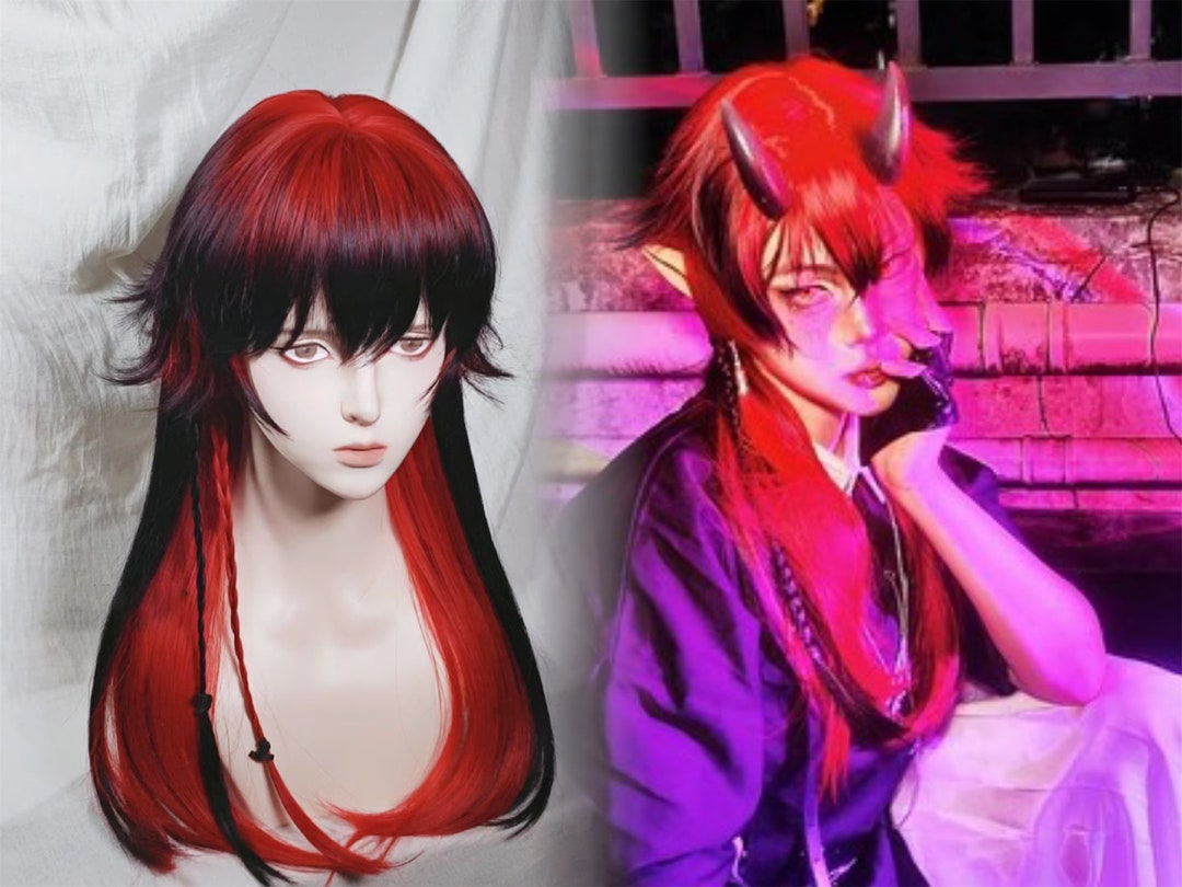 Goth Black Red Mullet Wig, Wolf Cut Wig for Cosplay Vampire Devil ...