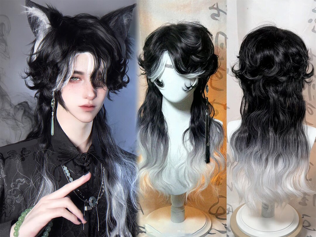 Goth Black White Mullet Wig Wolf Cut Wig For Cosplay Vampire Devil