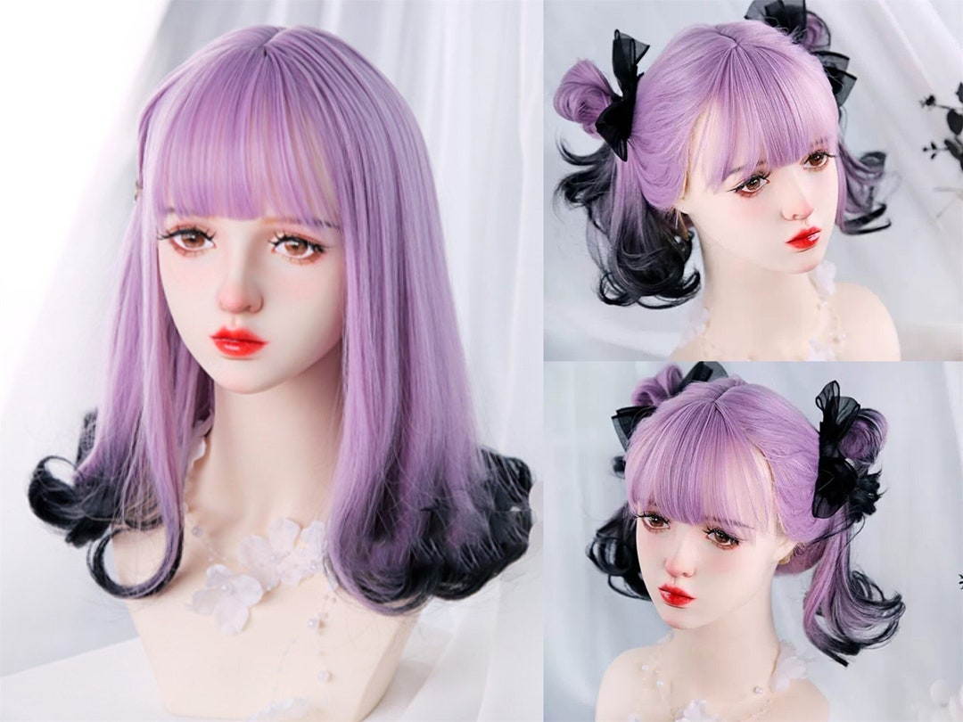 Goth Purple Black Curl Wig With Bangs, Purple Shoulder-length Wigs for ...