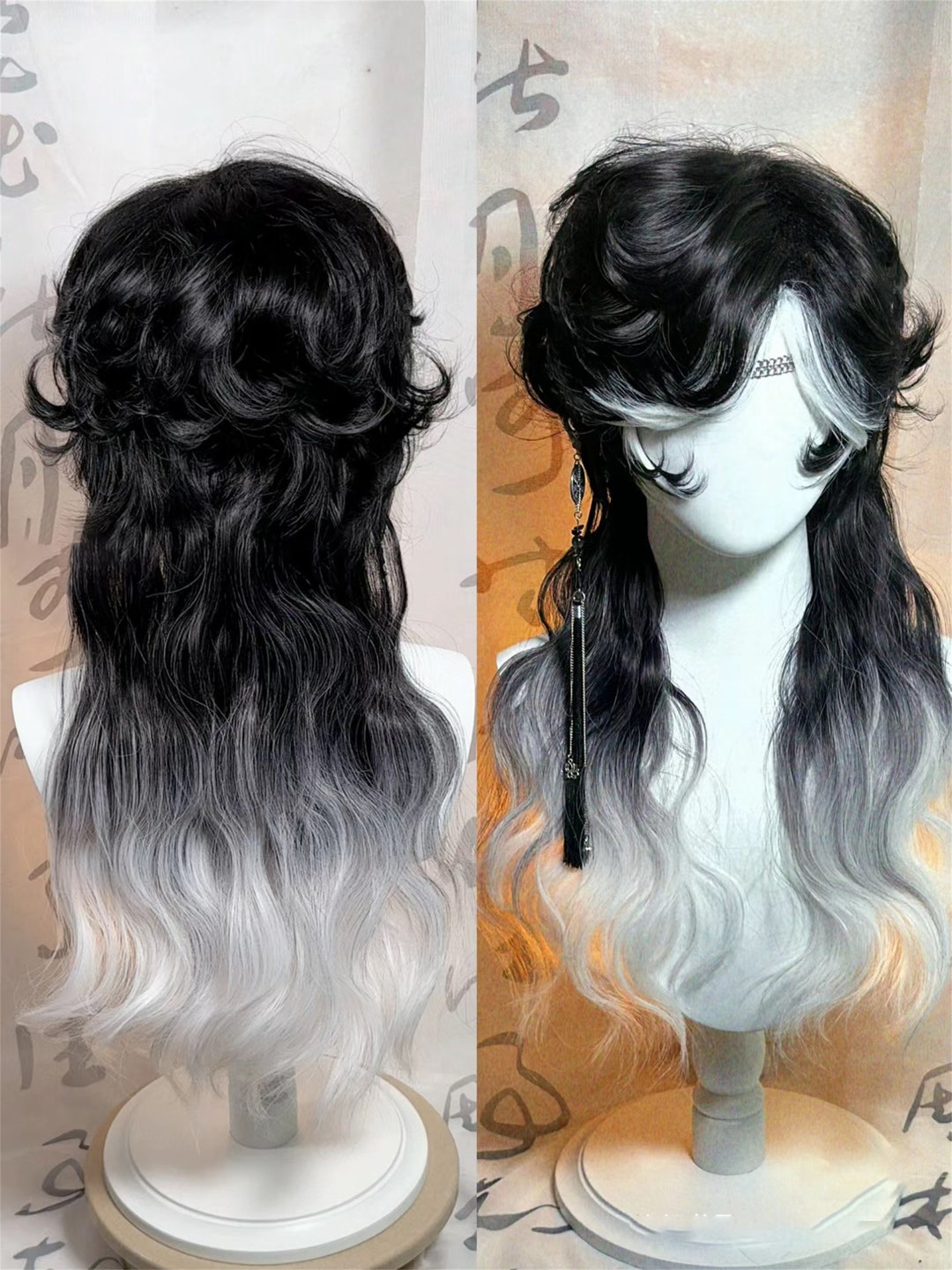 Goth Black White Mullet Wig, Wolf Cut Wig for Cosplay Vampire Devil ...