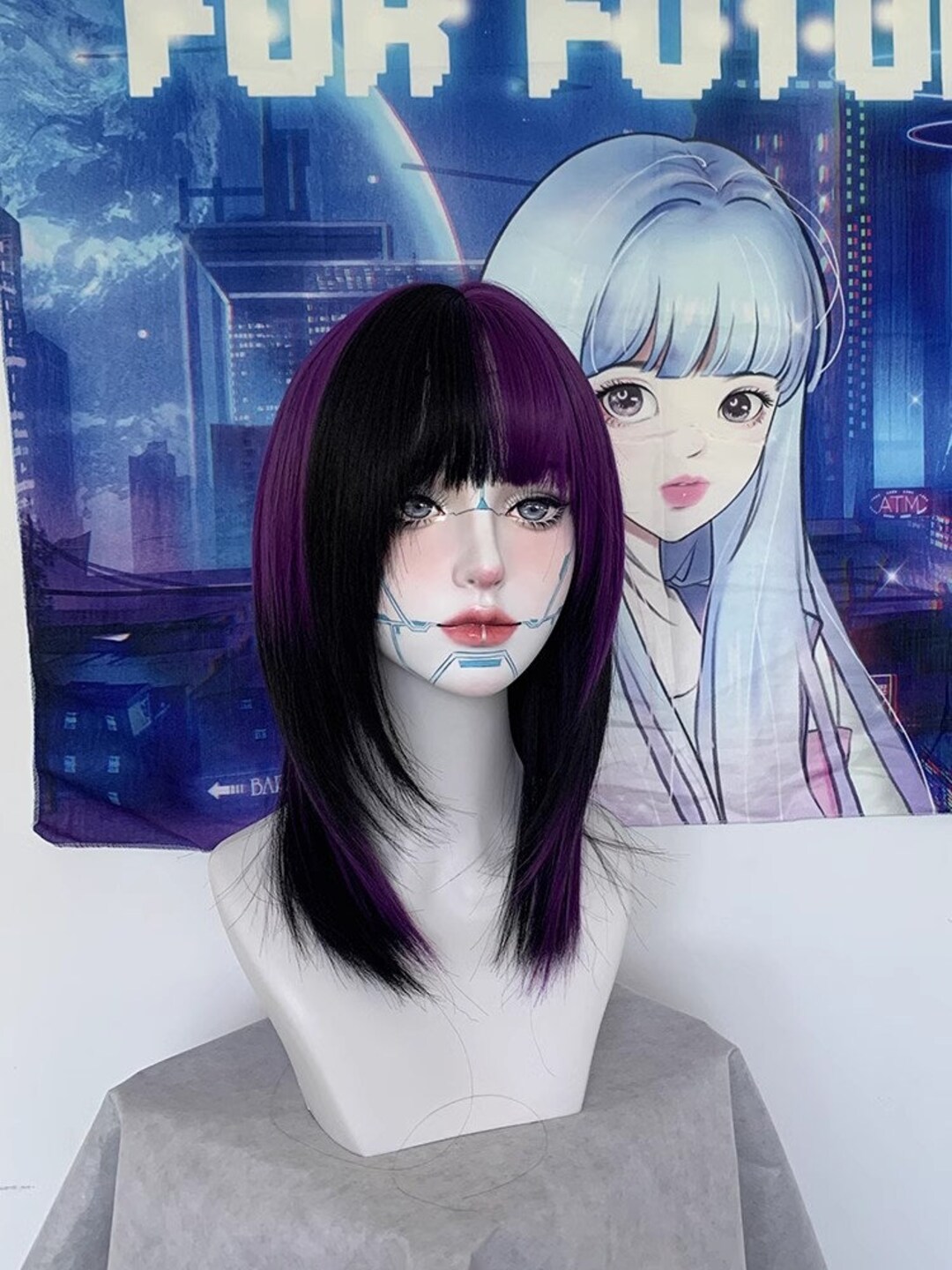Black Purple Mullet Wig, Goth Long Straight Natural Wig With Bangs ...