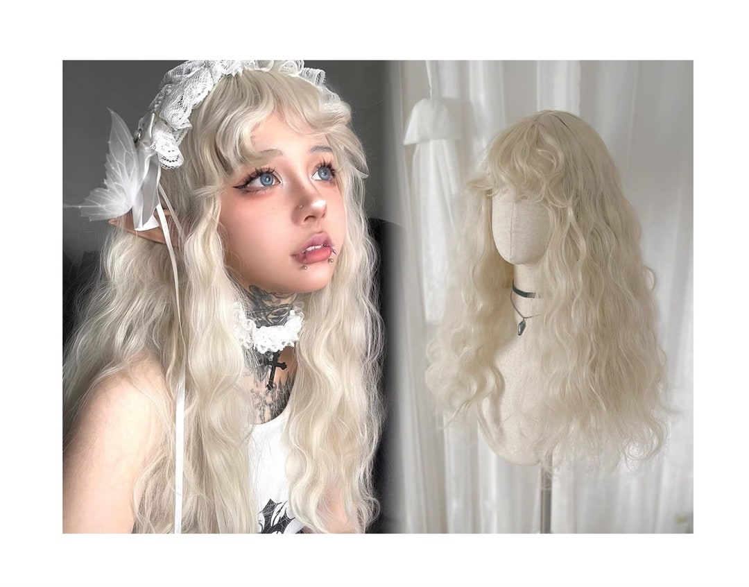 Angel White Gold Long Curly Wigs With Curl Bangs, Pale Blonde Long ...