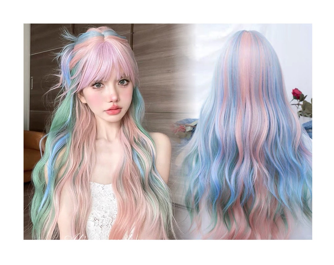 Rainbow Long Curly Wigs With Bangs, Mermaid Pink Blue Curly Dress up ...