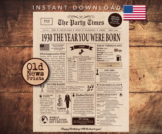 1930 Birthday Newspaper 30s INSTANT DOWNLOAD Back in 1930 - Etsy