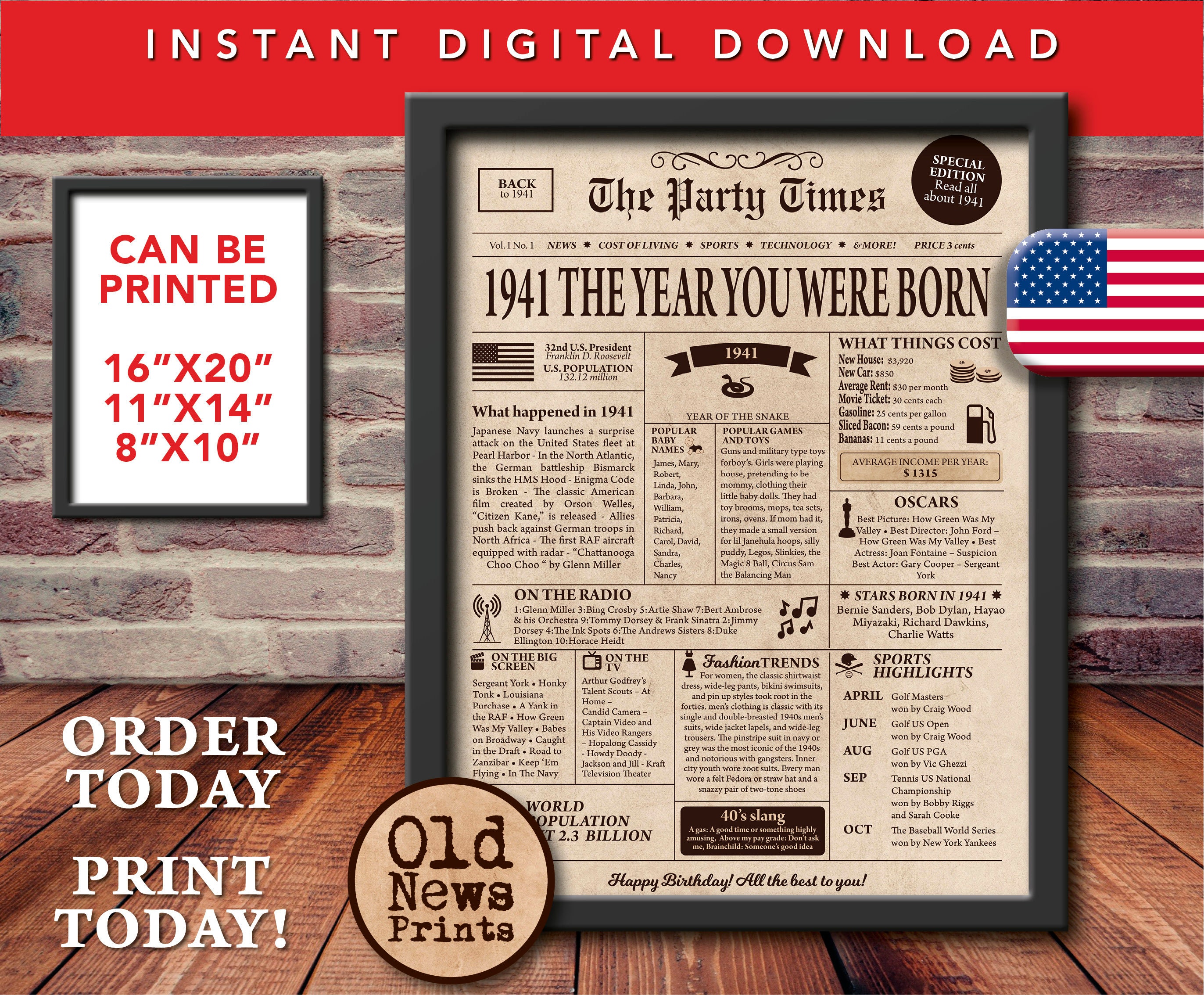 1977 Birthday Poster for Him or Her, Newspaper Print, DIGITAL DOWNLOAD ...