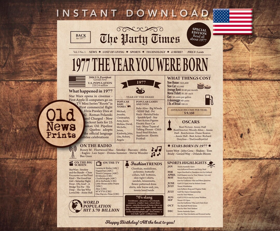 1977 Birthday Poster for Him or Her, Newspaper Print, DIGITAL DOWNLOAD ...