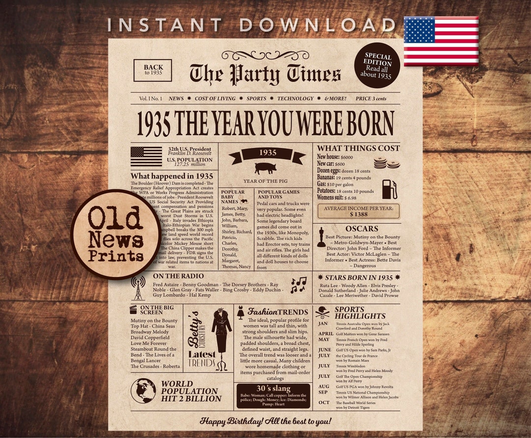 90th Birthday Newspaper Poster, 1935 Birthday Gift, Back in 1935, Gift ...