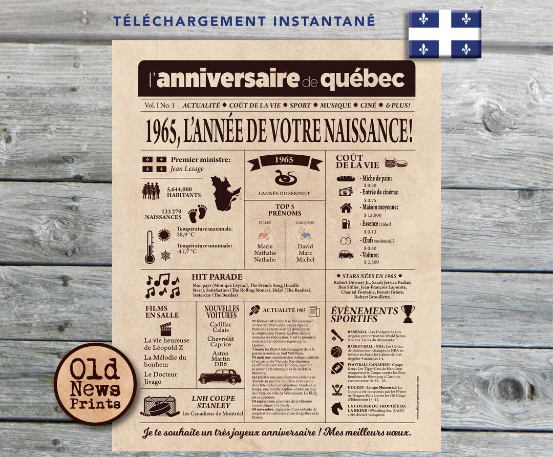 Affiche 1965 QUÉBEC Affiche Année De Naissance, Anniversaire 59 Ans ...