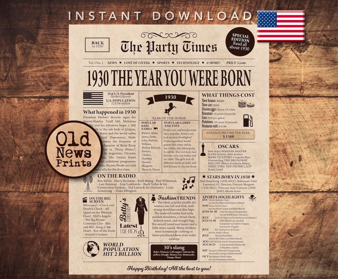 1930 Birthday Newspaper, 30s, INSTANT DOWNLOAD, Back in 1930, Birthday ...