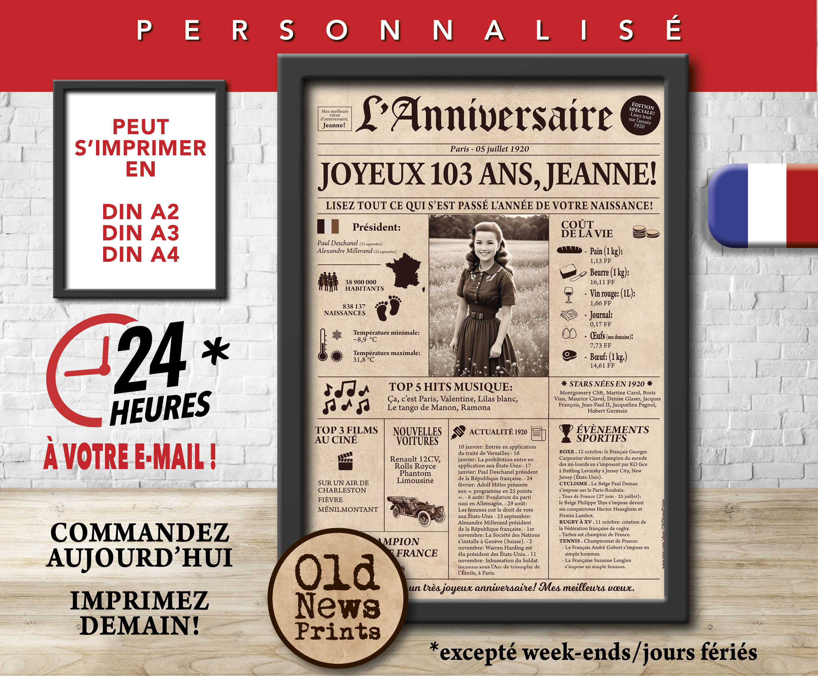 Journal de naissance 1924 Affiche année de naissance, anniversaire 100 ...