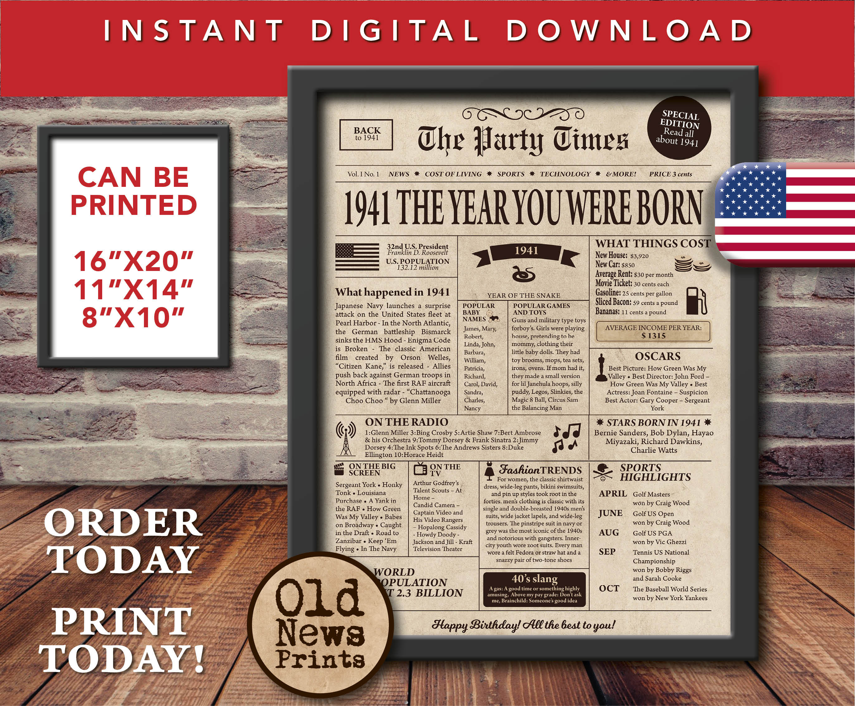 95th Birthday Newspaper Poster, 1929 Birthday Gift, Gift for Grandma or ...