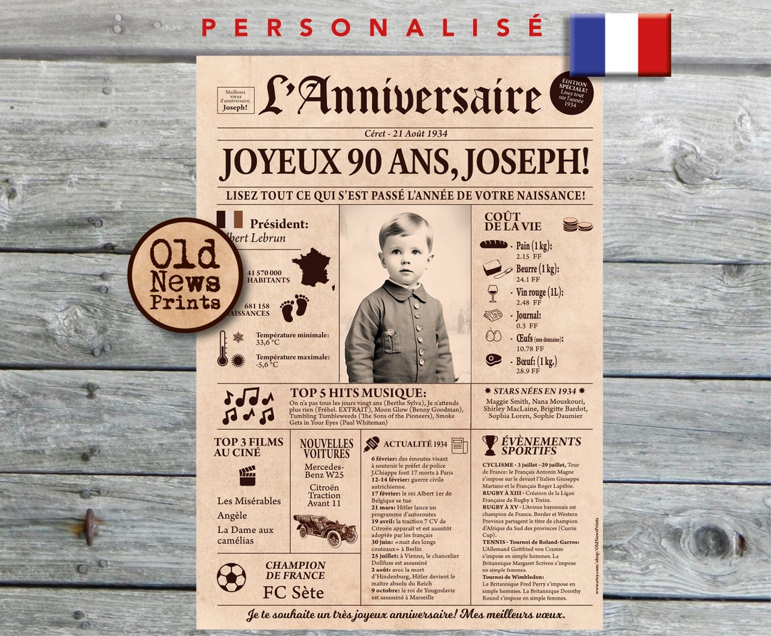 Journal De Naissance 1934 Affiche Année De Naissance, Anniversaire 90 Ans, Décoration Fête ...