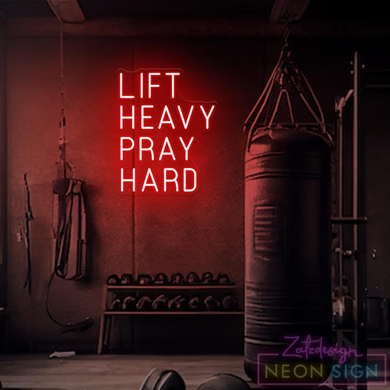 Lift Heavy Pray Hard Neon Sign, Fitness Wall Quote, Physical Therapy ...