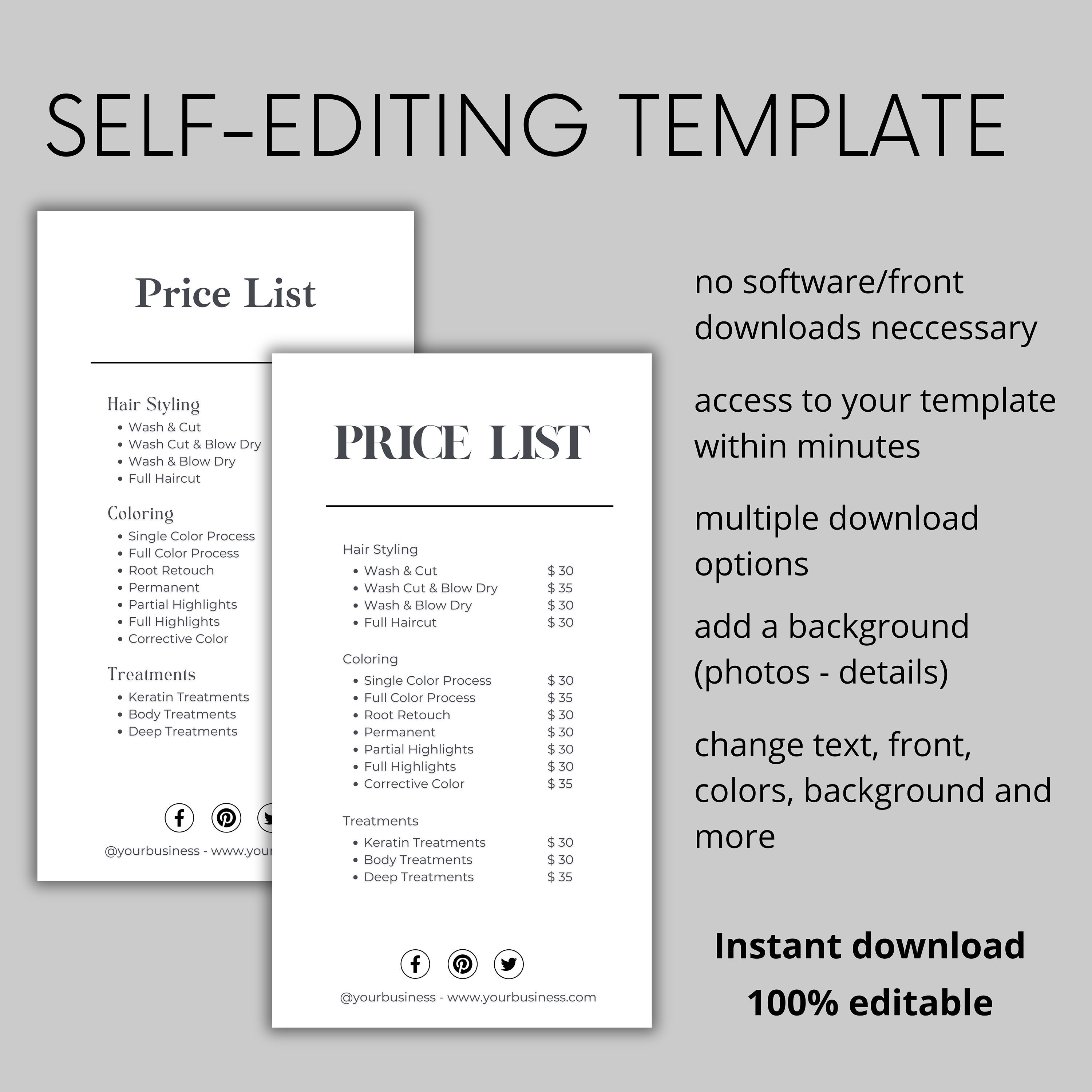 Editable Pricelist Template, for Small Businesses, White Pricelist ...