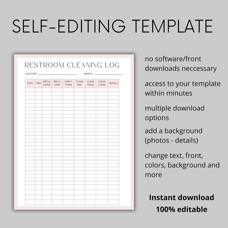 Restroom Cleaning Log Template, Printable Cleaning Log, Made for You ...