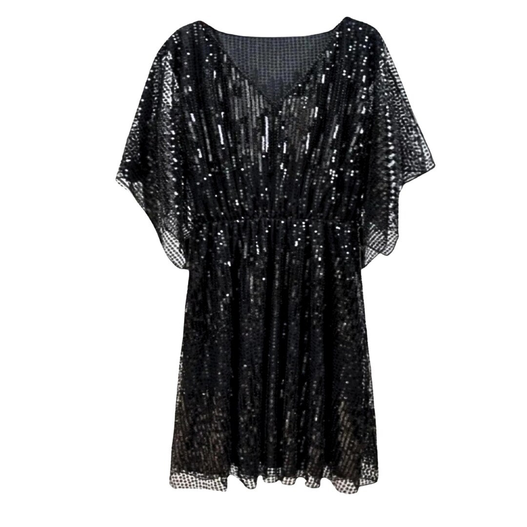 AHERA Sparkly Sequin Midnight Black Pleat Kaftan Mini Dress - Etsy