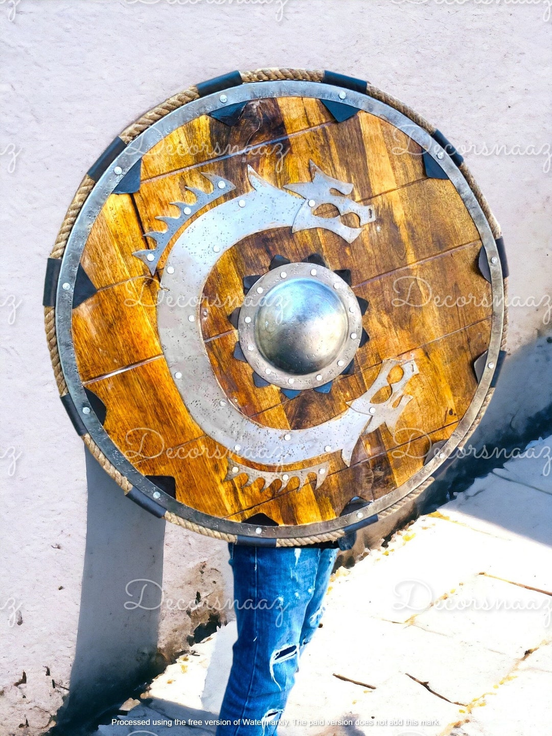 Viking Dragon Shield Medieval Wooden Round Warrior Flying Dragon Rope ...