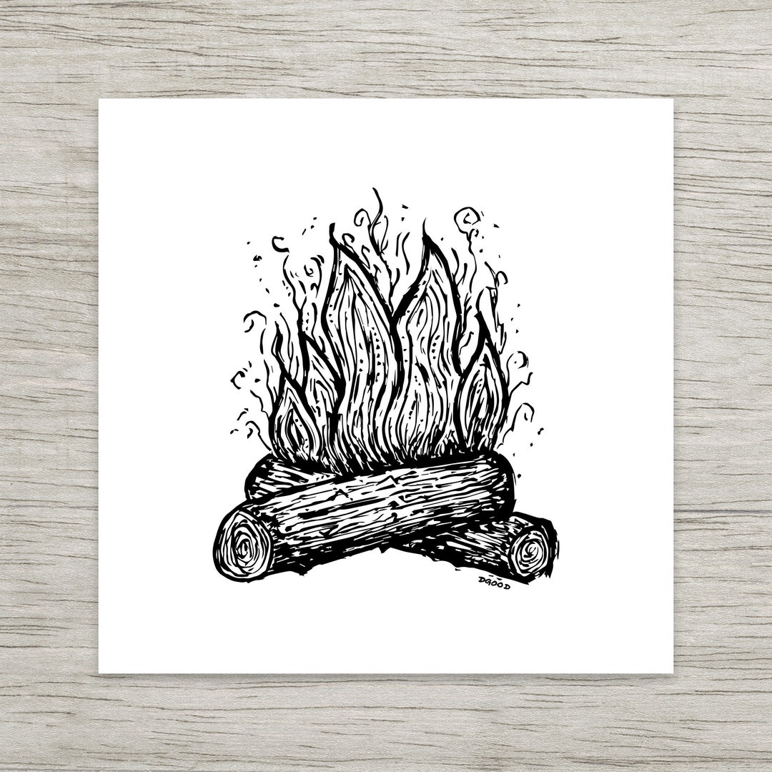 Campfire Ink Drawing Print • Black and White Cabin Art - Etsy