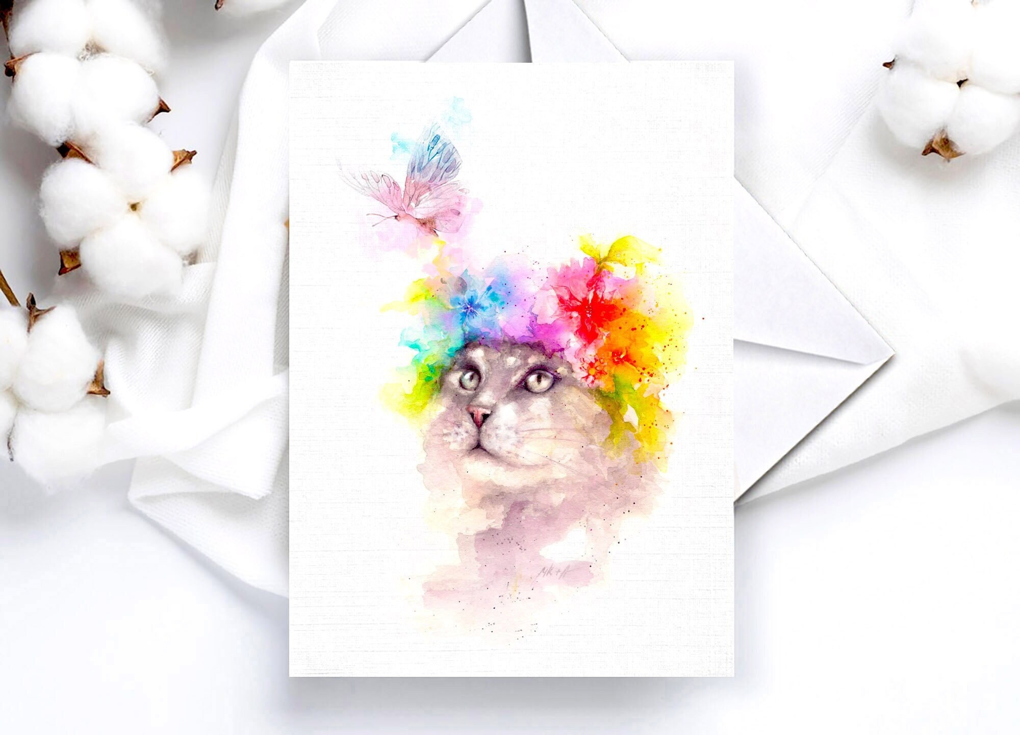 Greeting Card Cat and Butterfly,cat Note Fine Art, Cute Animal Painting ...