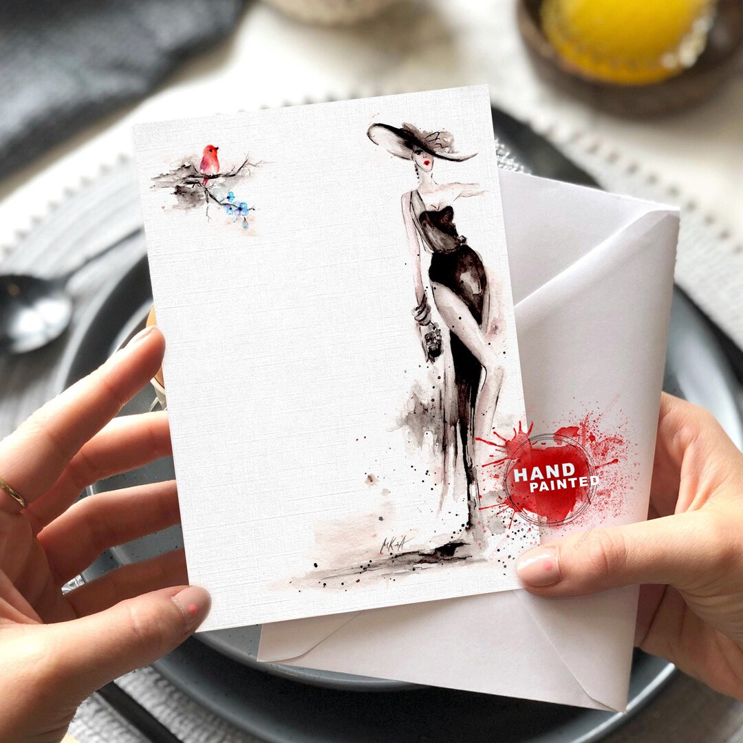 Stylish Greeting Card Art,watercolor Painting Lady Note Card,birthday ...