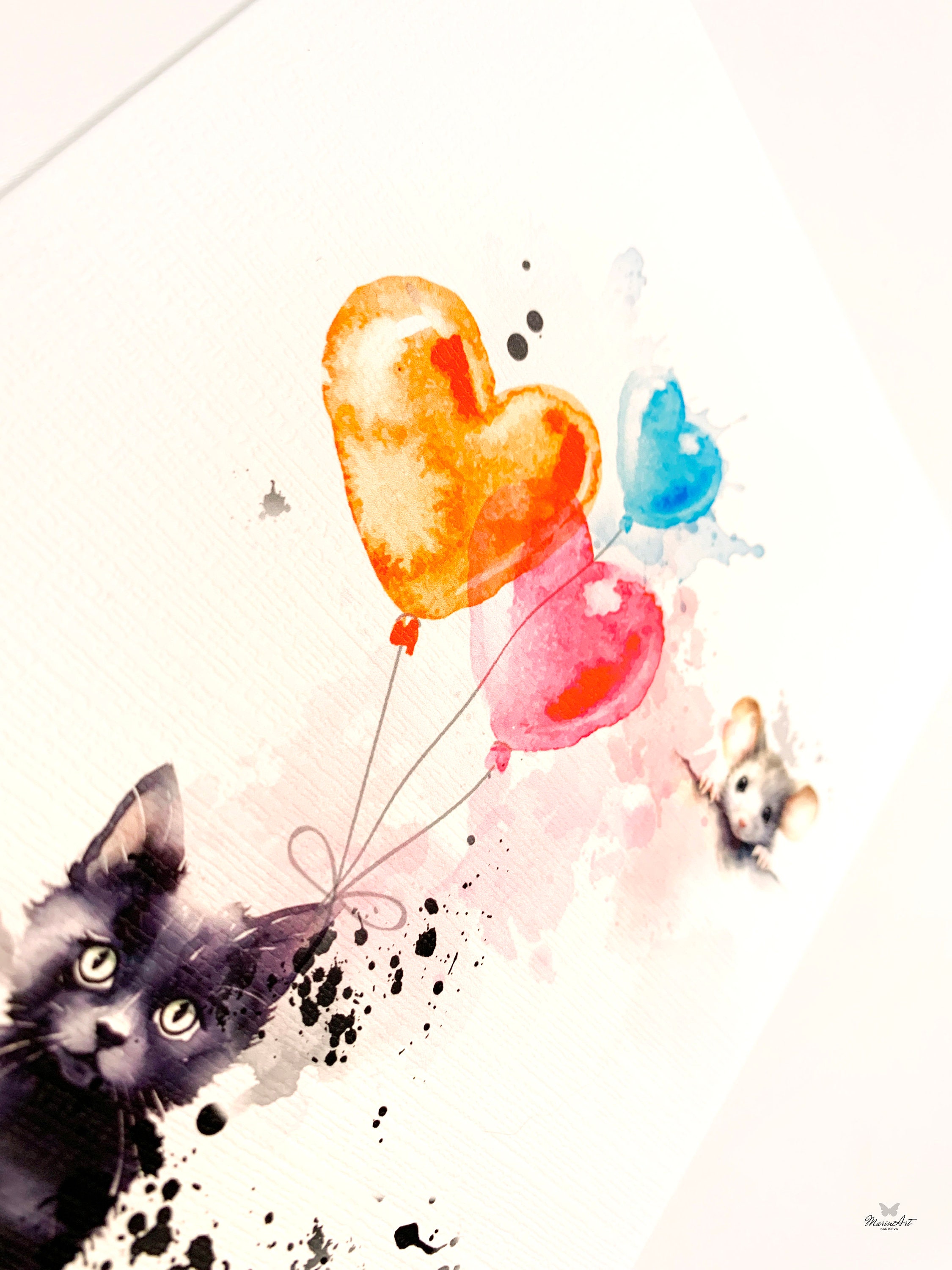 Greeting Card Kitten Art ,watercolor Cat and Mouse Note ,cute Animal ...