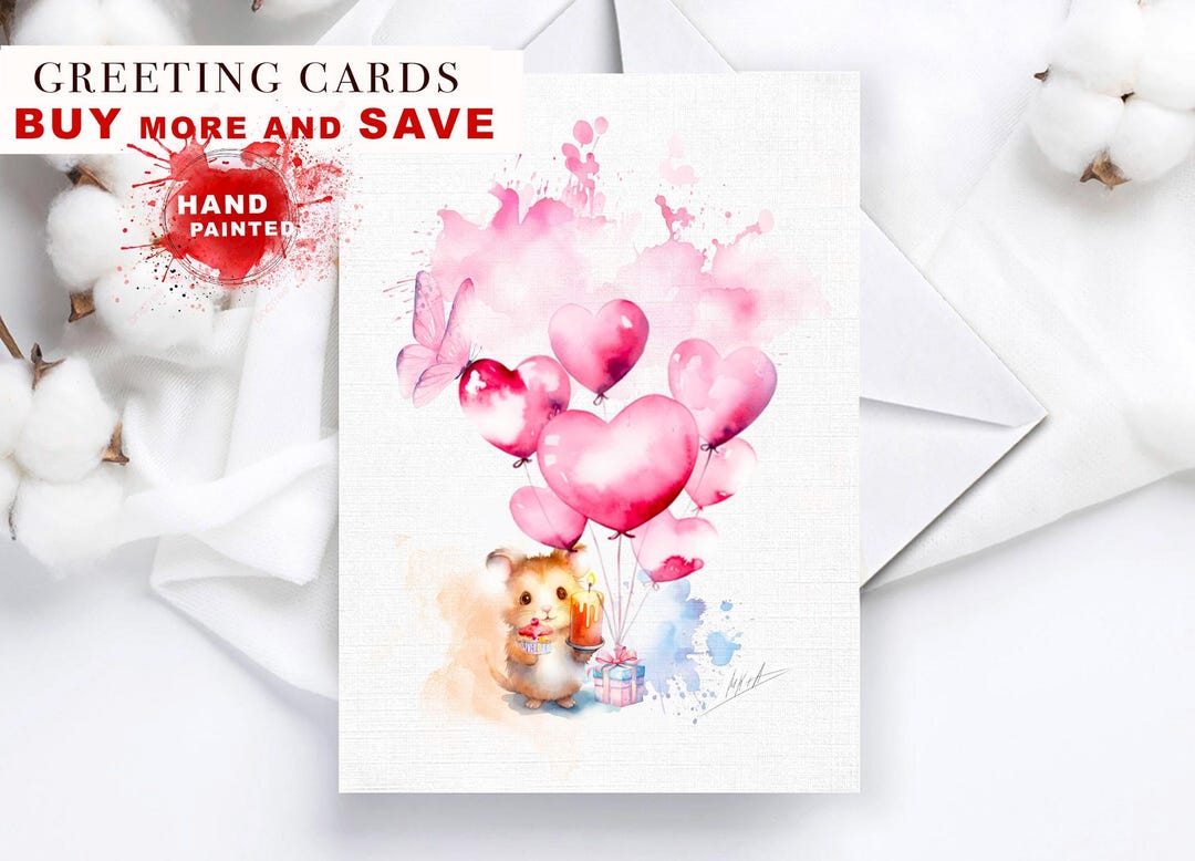 Greeting Card Mouse and Balloon Art, Watercolor Painting Mouse Card ...