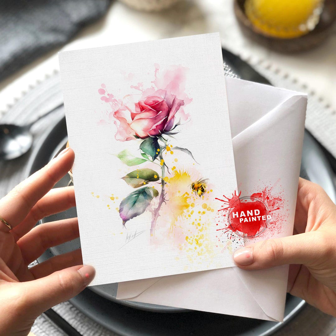 Watercolor Rose Greeting Card, Flowers in Watercolor Painting Note Card ...