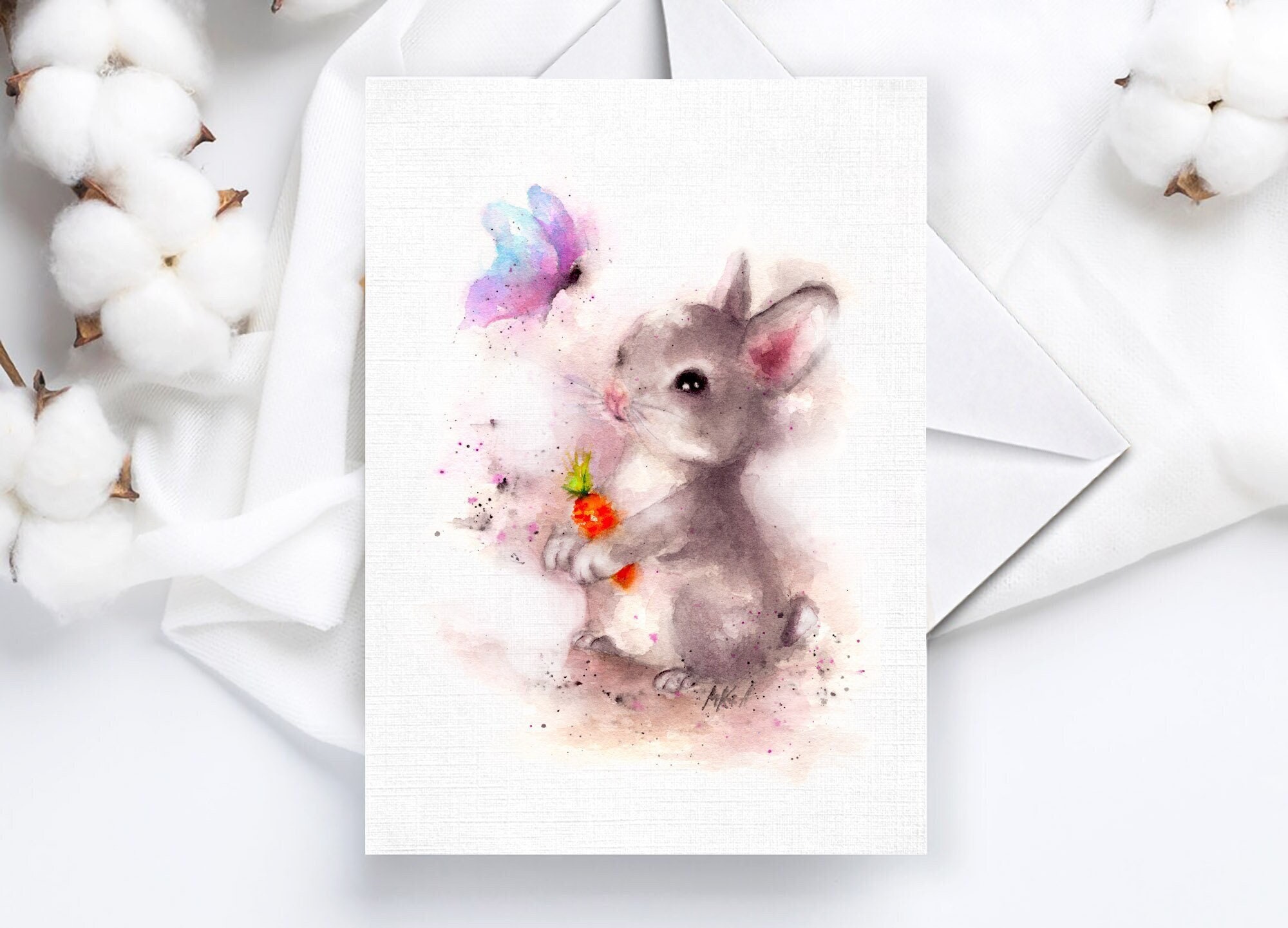 Rabbit Greeting Card Artwatercolor Bunny Painting Greeting - Etsy