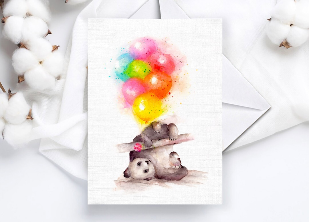 Panda Greeting Card Art Cute Animals Note Cardwatercolor - Etsy