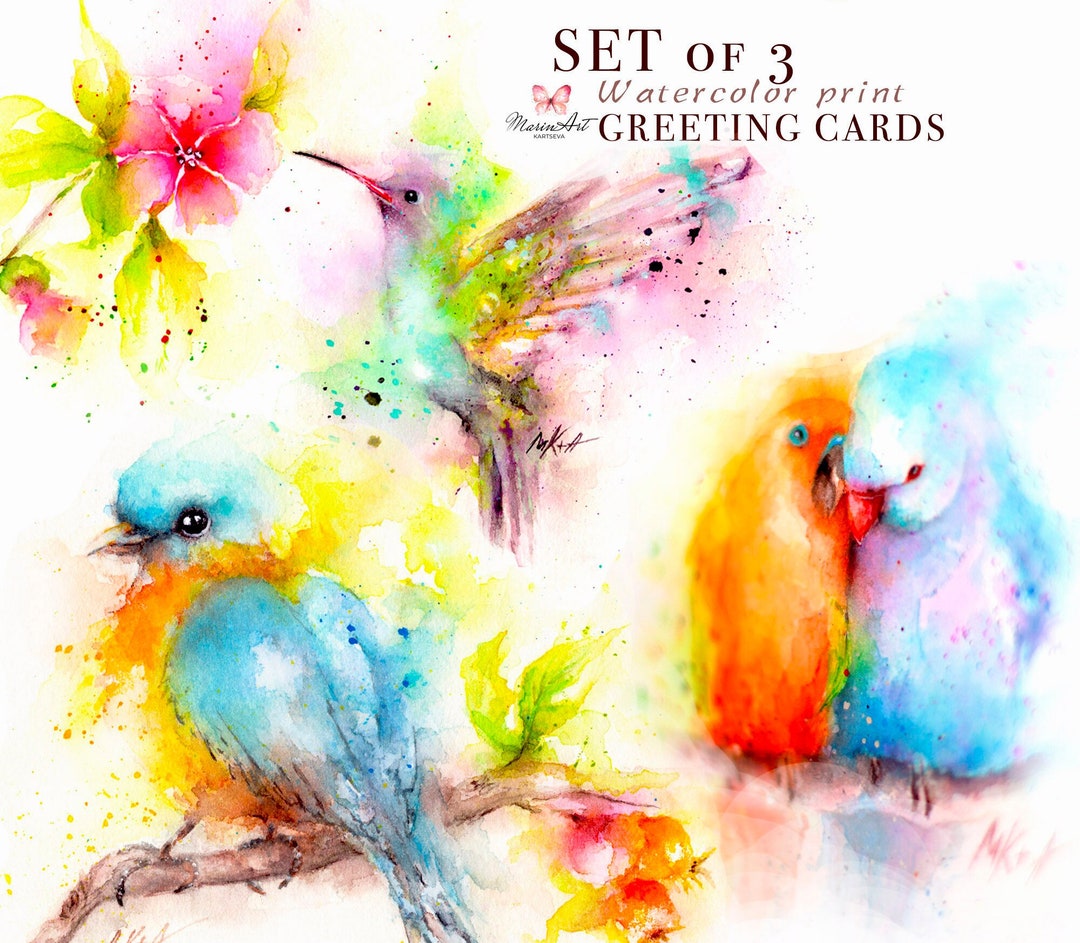 Greeting Cards Birds Set of 3, Birthday Birds Note Cards,linen Paper ...