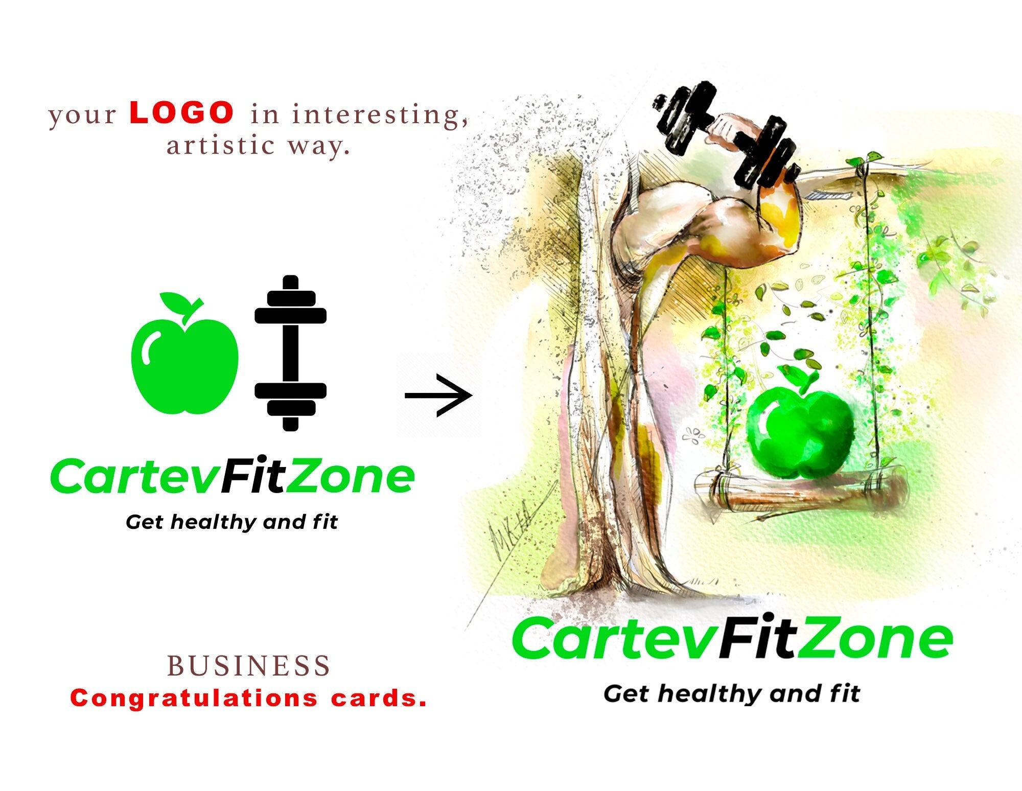 Greeting Card Logo Art, Watercolor Painting Custom Logo Card, Customize ...