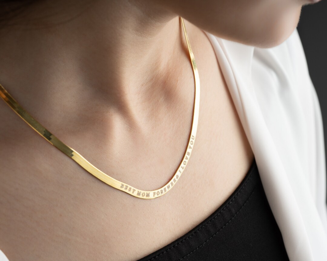 Personalized Herringbone Chain Necklace, Engraved Chain Necklace, Snake Chain Necklace, Layering ...