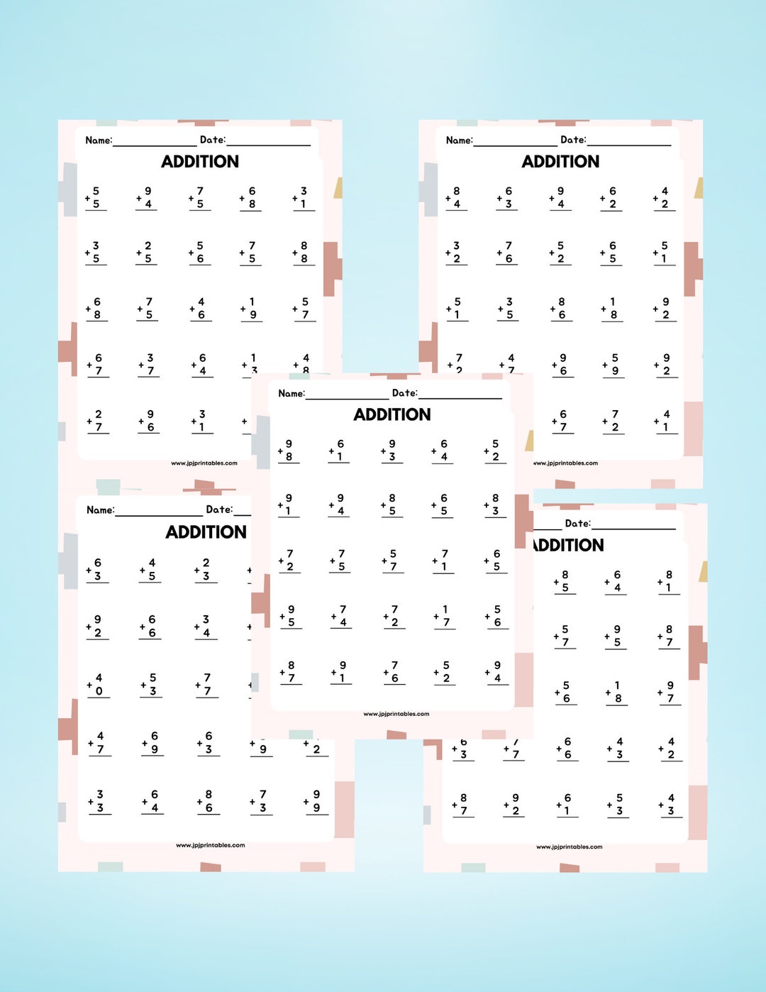 Addition Math Practice, 5 Pages of Random Math Problems, First, Second ...