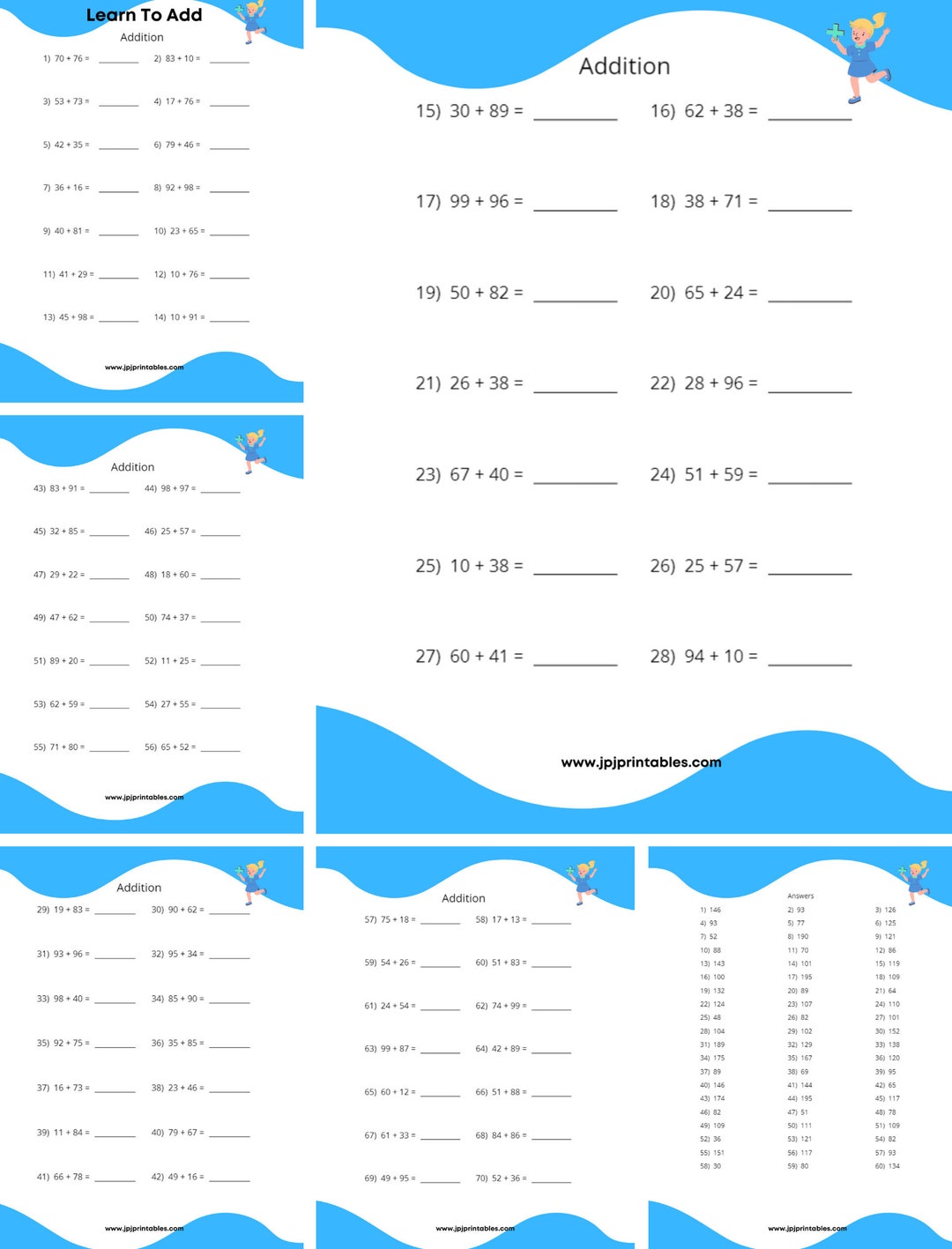 Learn to Add, Addition Math Worksheets, Includes Answers, Double Digits ...