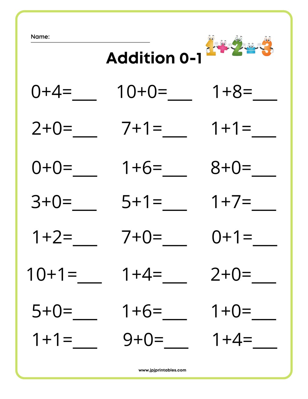 Addition 0-1, Kindergarten, First Grade, Second Grade, 5 Sheets to ...