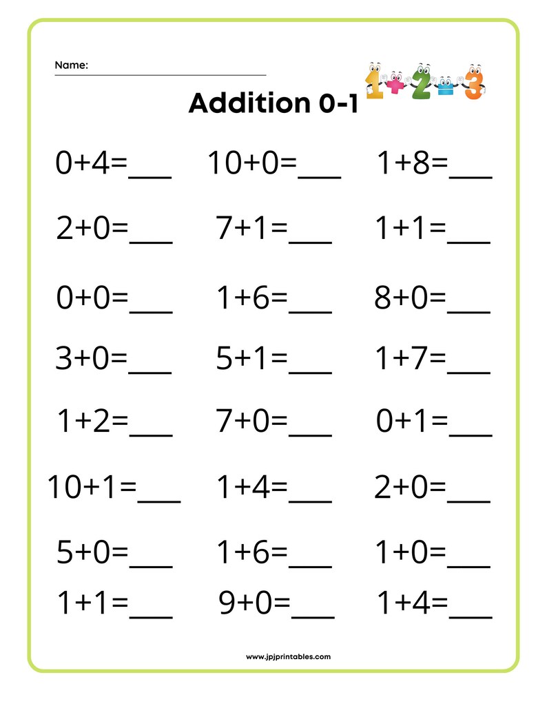 Addition 0-1, Kindergarten, First Grade, Second Grade, 5 Sheets to ...