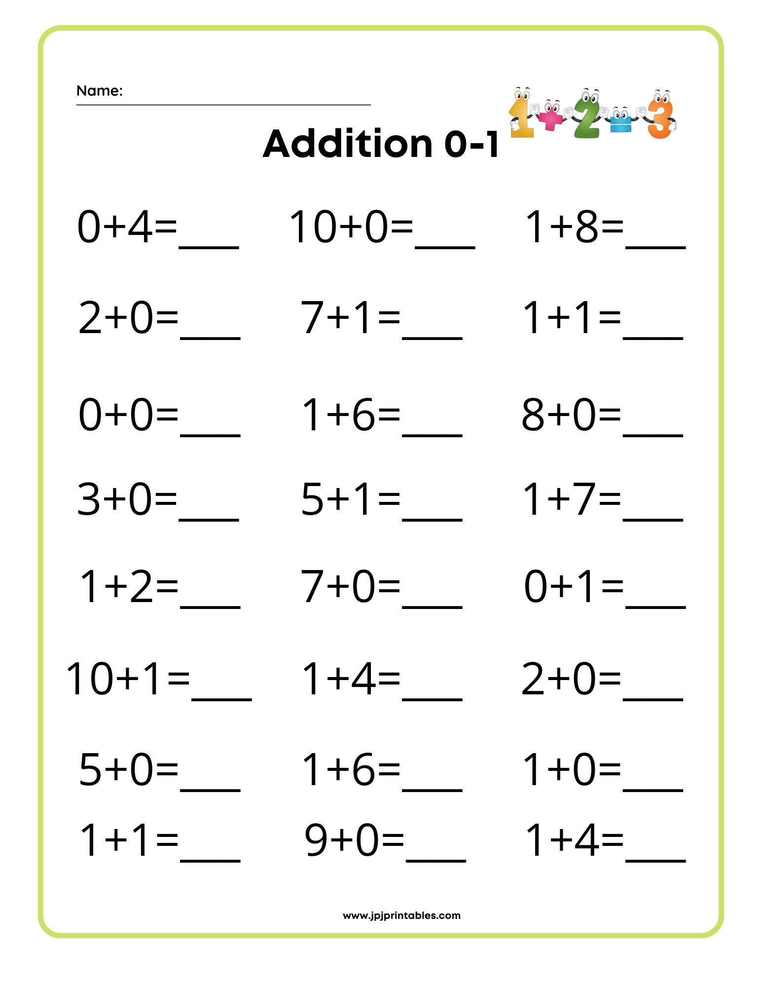 Addition 0-1, Kindergarten, First Grade, Second Grade, 5 Sheets to ...