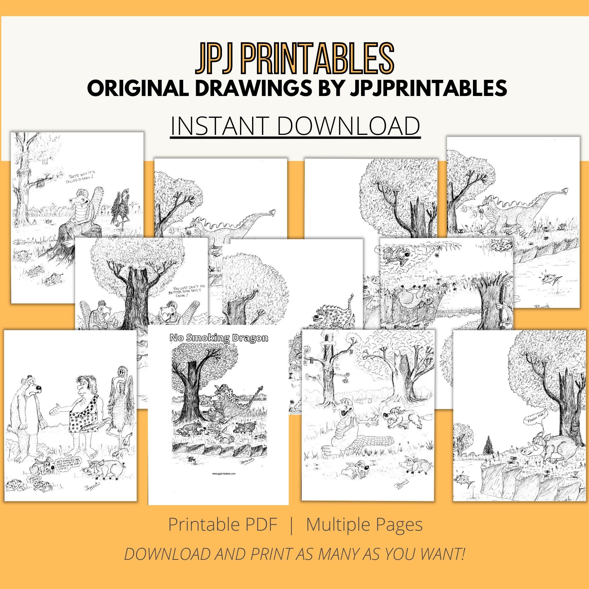 Handdrawn Coloring Sheets, Wall Art, Alligator, Caveman, JPJ Printables ...