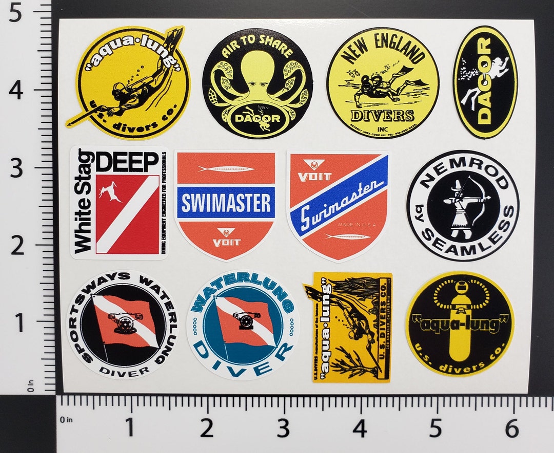 Mini Vintage Scuba Dive Diving Decal Sticker Set Repro 6mil UV Vinyl 1. ...