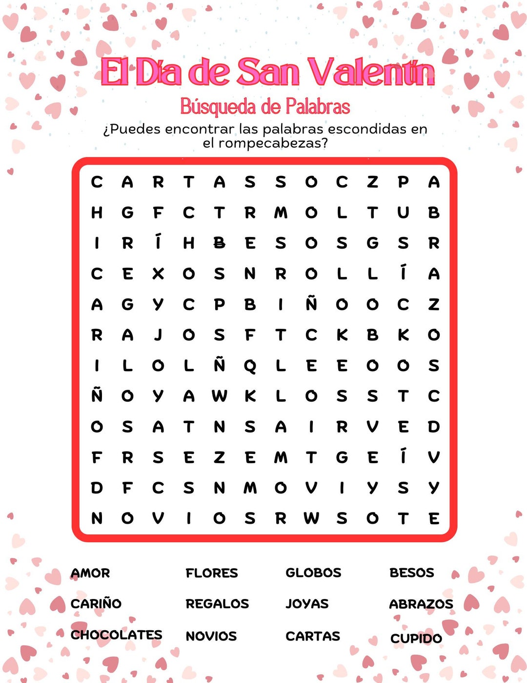 El Dia De San Valentin Búsqueda De Palabras--valentines Day Word Search ...