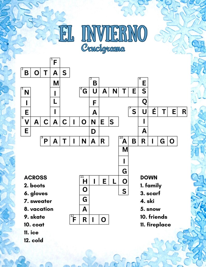 El Invierno Crucigrama--winter Crossword - Etsy