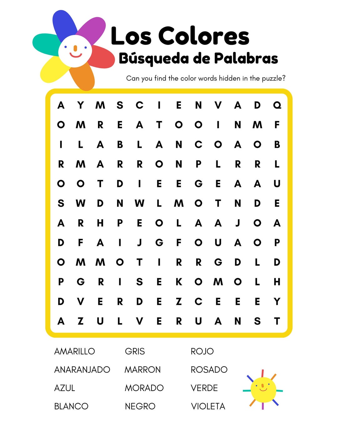 Los Colores Búsqueda De Palabrascolors Word Search spanish - Etsy