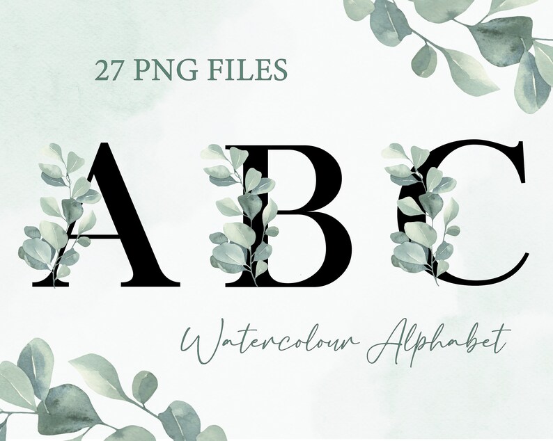 Watercolour Eucalyptus Alphabet, Floral Monogram Letters, Flower ...