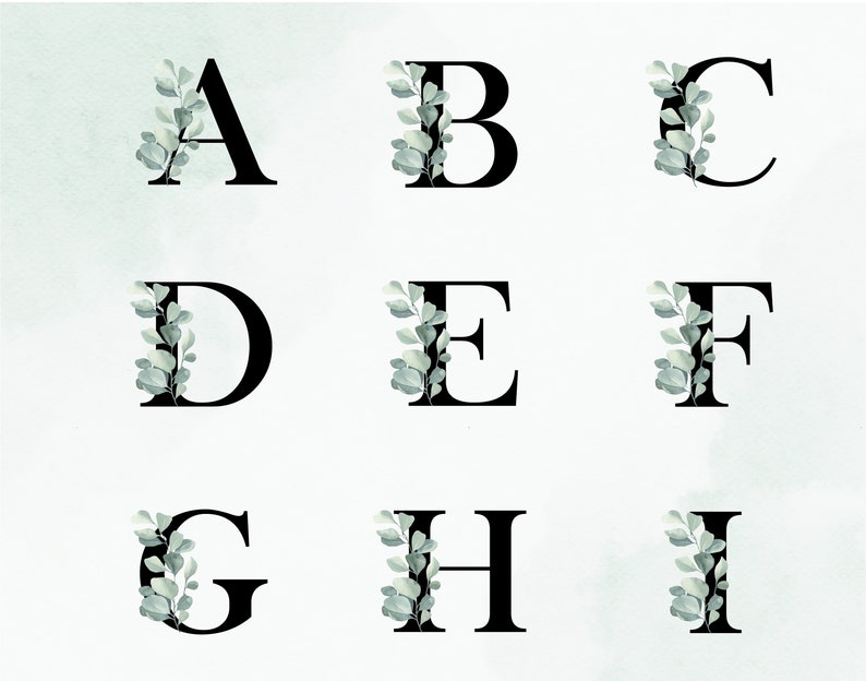 Watercolour Eucalyptus Alphabet, Floral Monogram Letters, Flower ...
