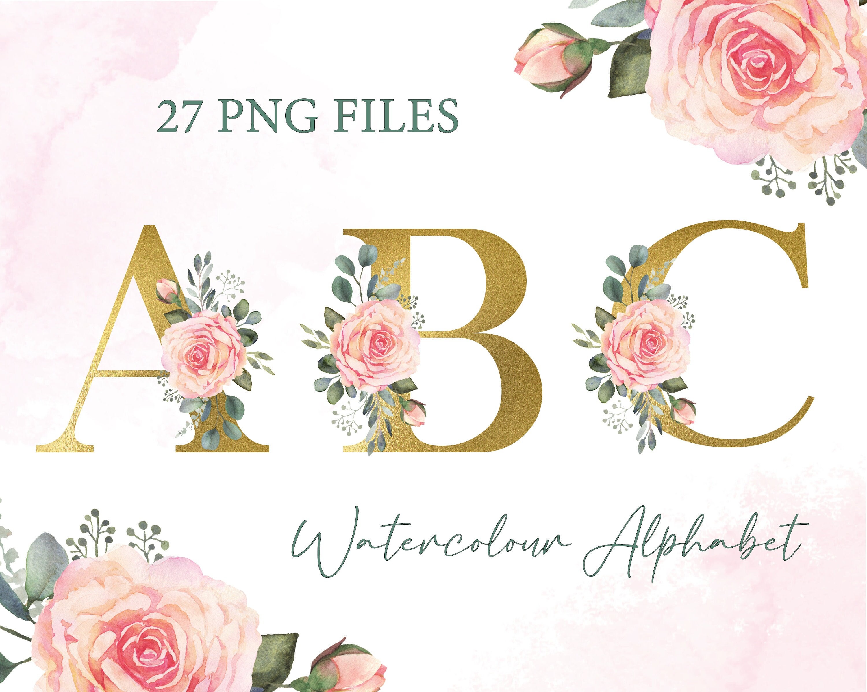 Gold Watercolour Flower Alphabet Gold Monogram Letters - Etsy