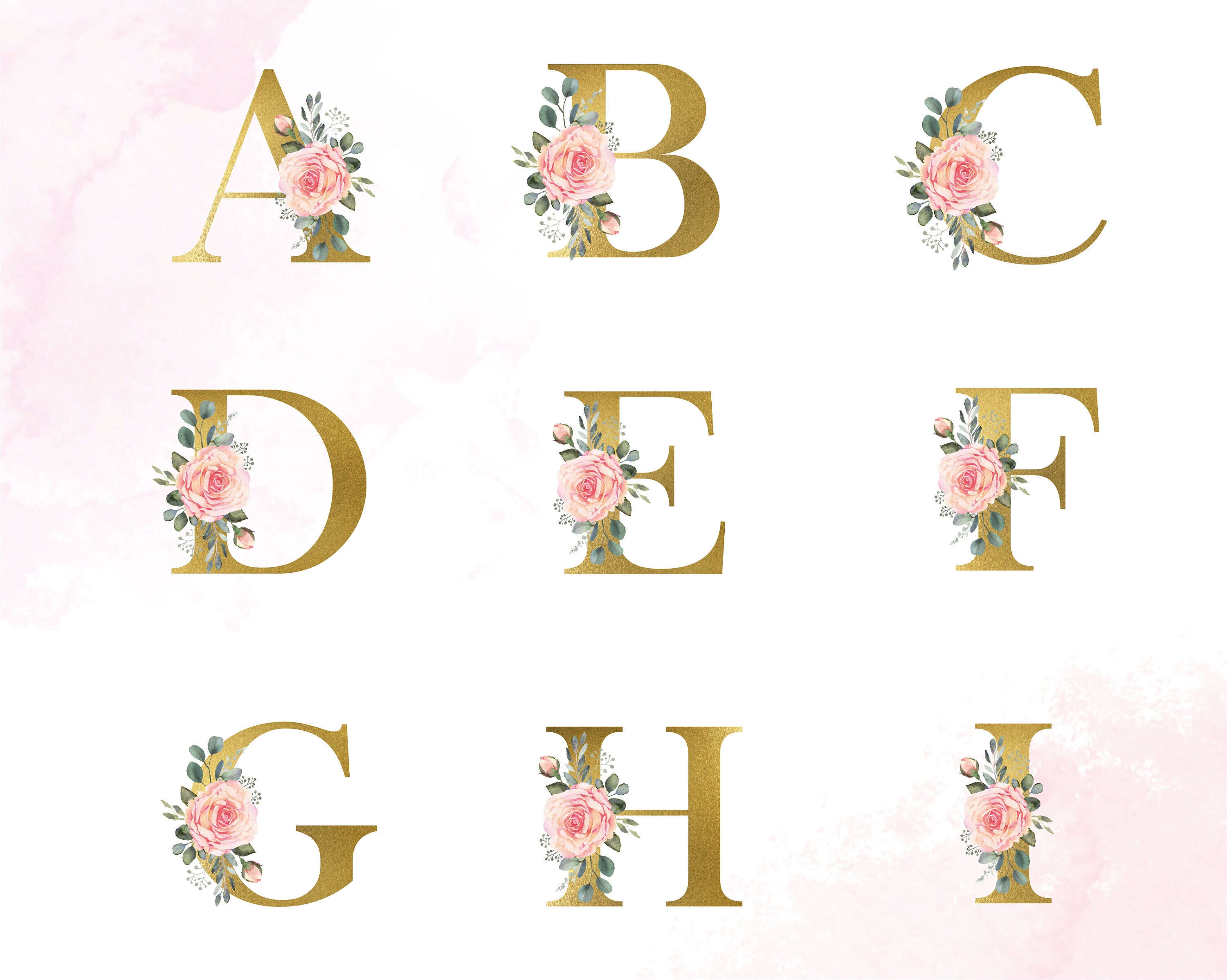 Gold Watercolour Flower Alphabet Gold Monogram Letters - Etsy