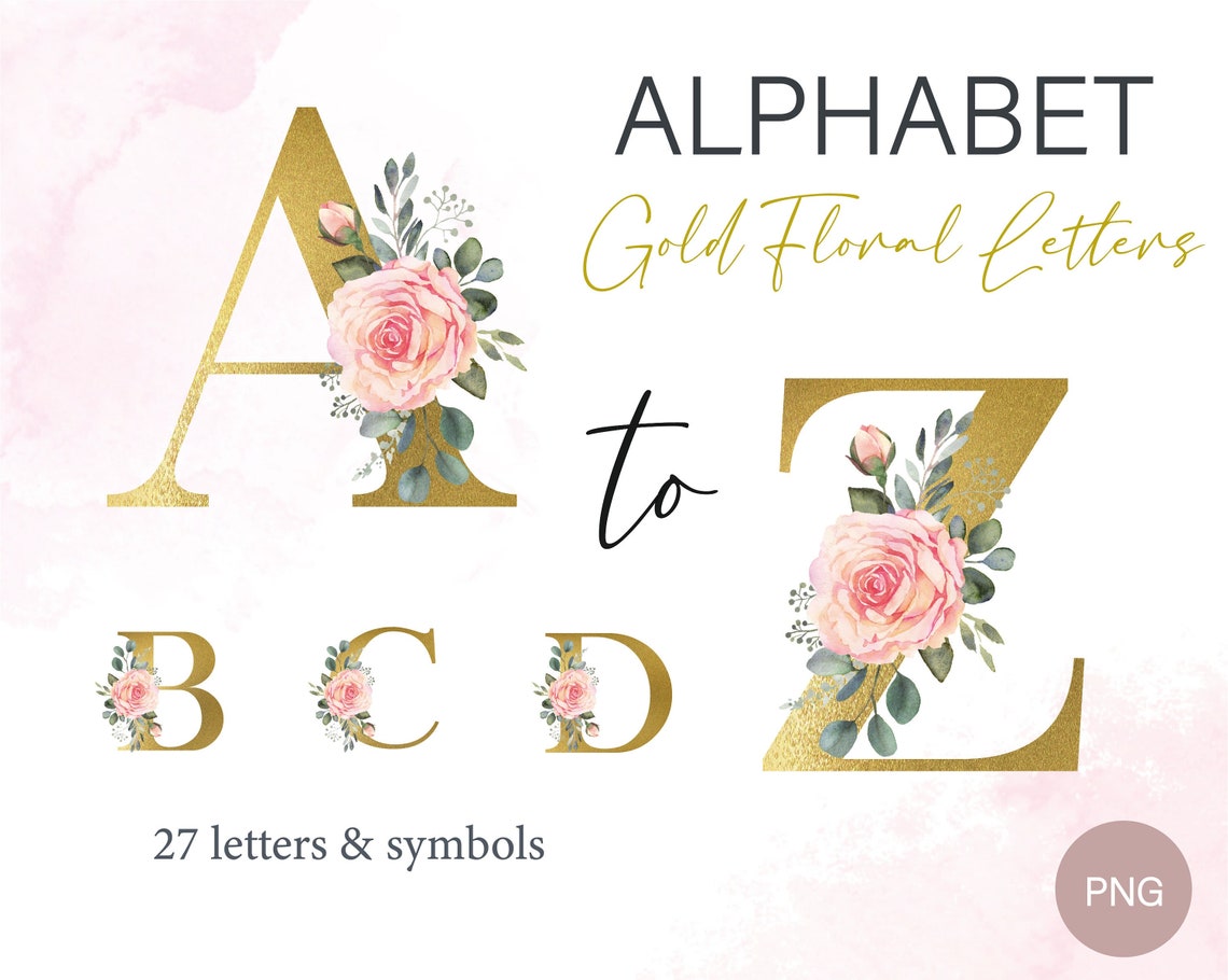 Gold Watercolour Flower Alphabet Gold Monogram Letters - Etsy