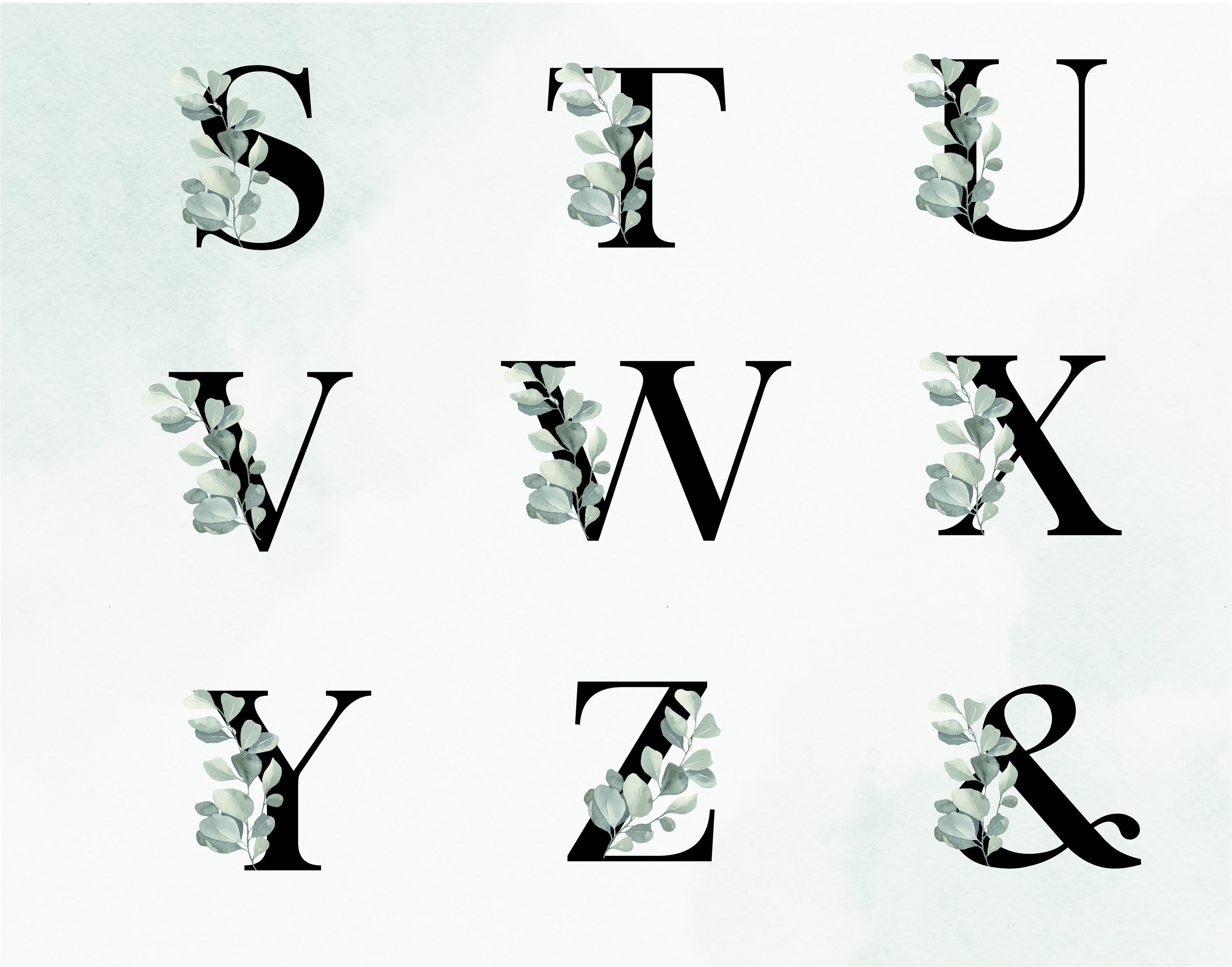 Watercolour Eucalyptus Alphabet, Floral Monogram Letters, Flower ...