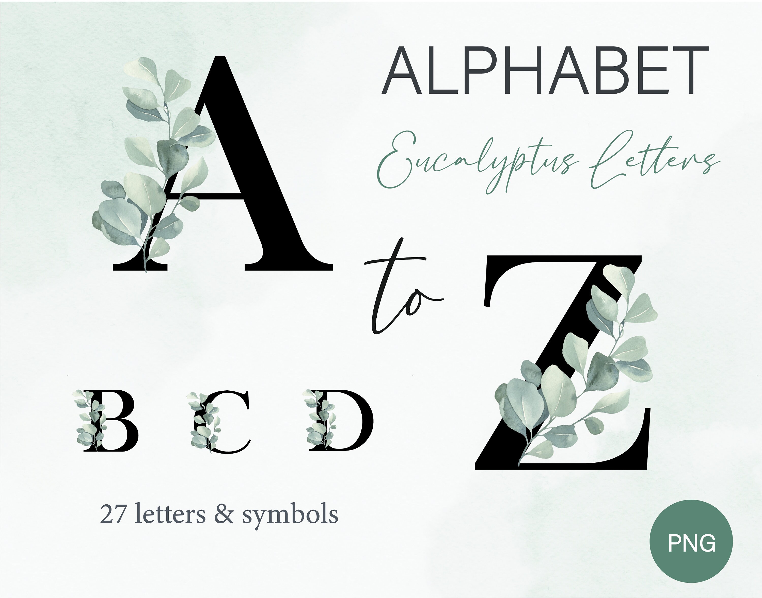 Watercolour Eucalyptus Alphabet, Floral Monogram Letters, Flower ...