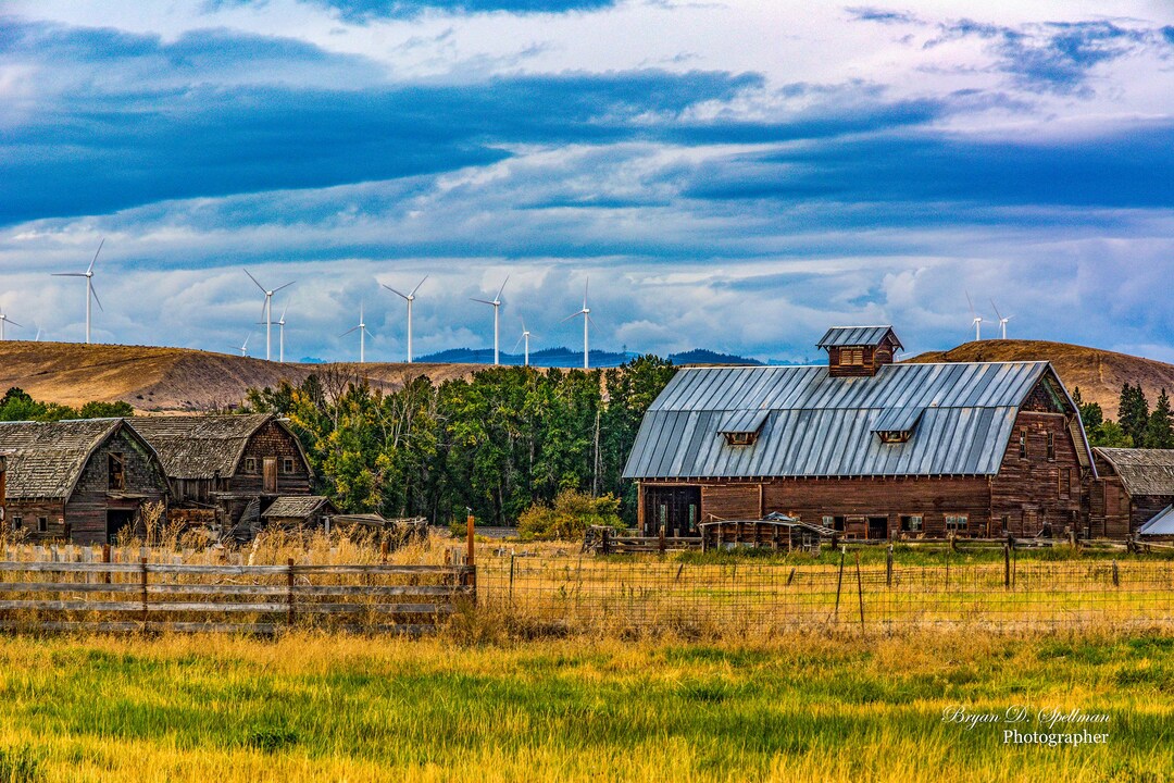 Rustic Wooden Barns, Wind Turbines, Kittitas County, Washington ...